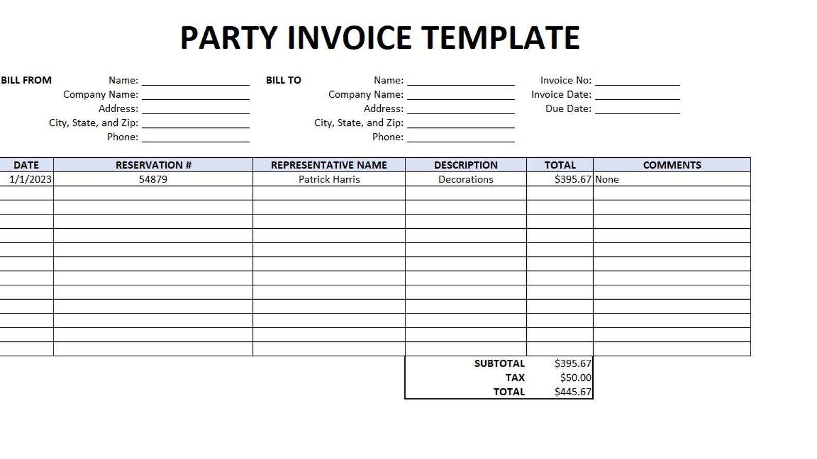 Editable Party Invoice Template, Party Invoice Template, Excel Template ...