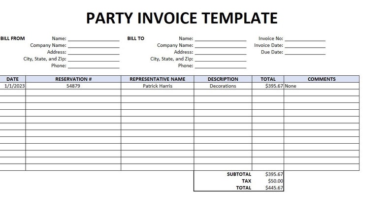 Editable Party Invoice Template, Party Invoice Template, Excel Template ...