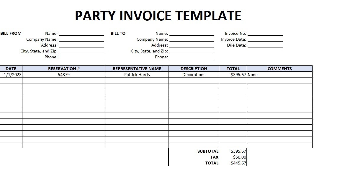 Editable Party Invoice Template, Party Invoice Template, Excel Template ...