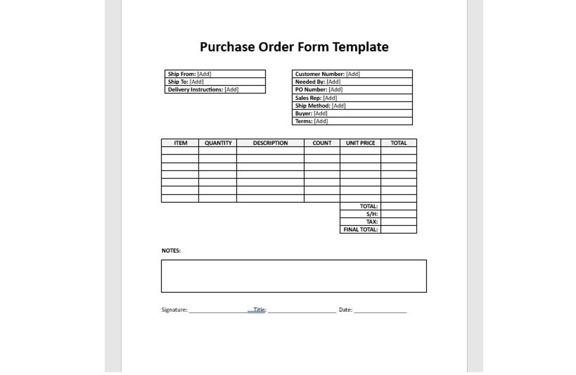 Editable Purchase Order Form Template, Purchase Order Form, Word ...