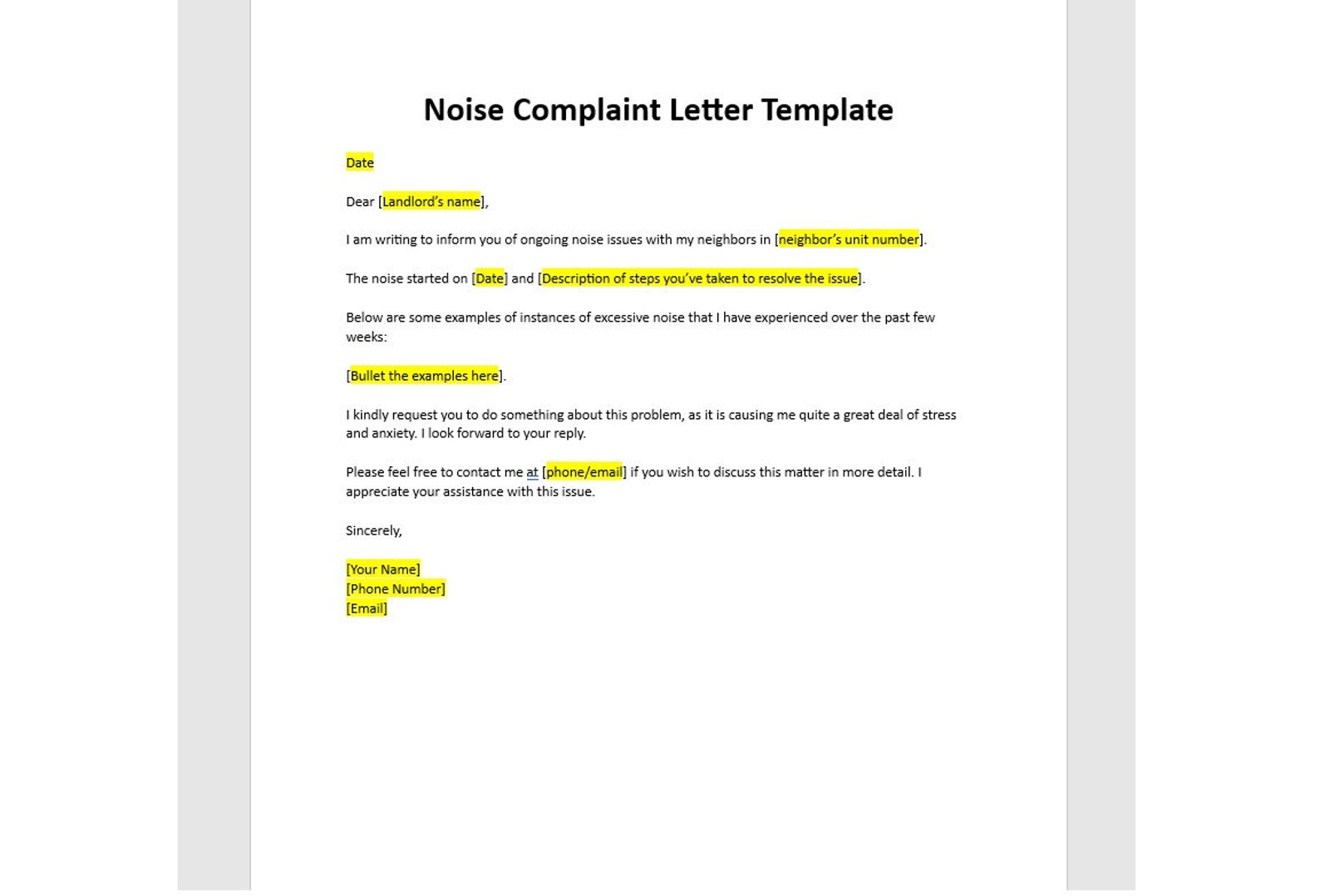 Editable Noise Complaint Letter to Landlord, Noise Complaint Letter ...