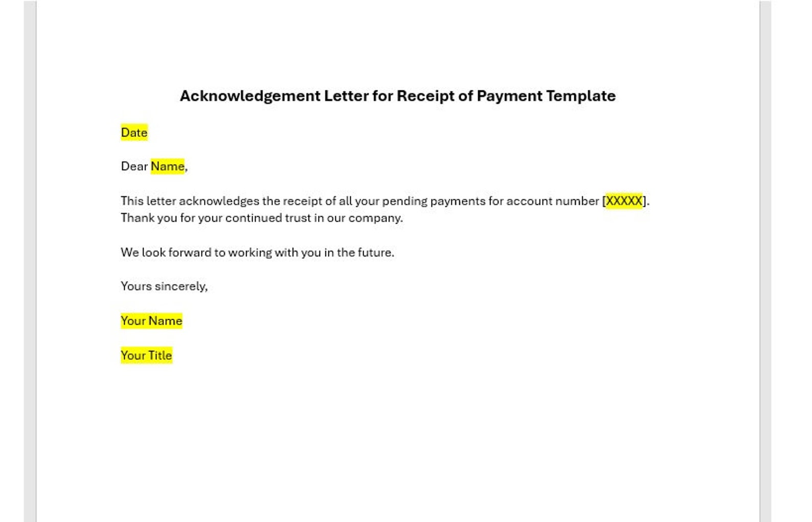 Editable Acknowledgement Letter for Receipt of Payment Template ...