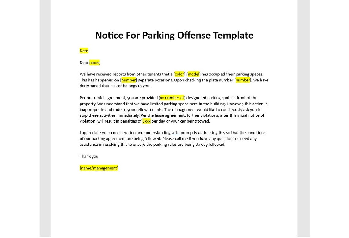 Editable Notice for Parking Offense Template, Parking Policy Template ...