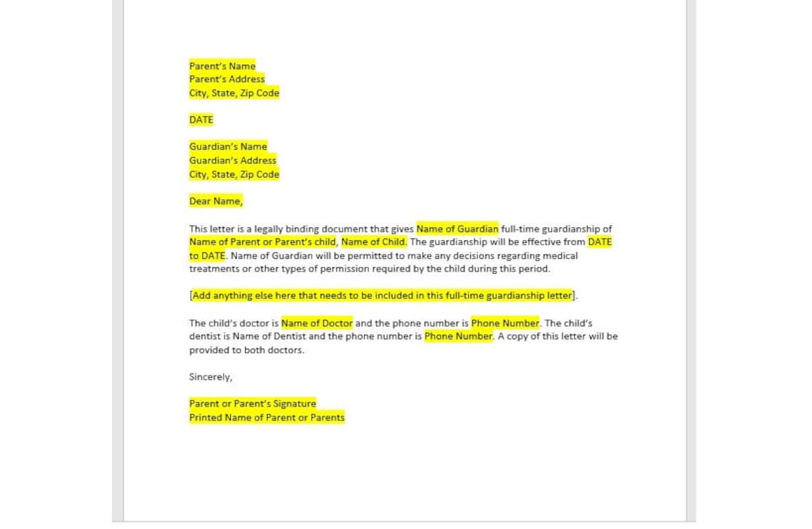 Full-time Custody Letter Template, Full-time Custody Letter, Full-time ...