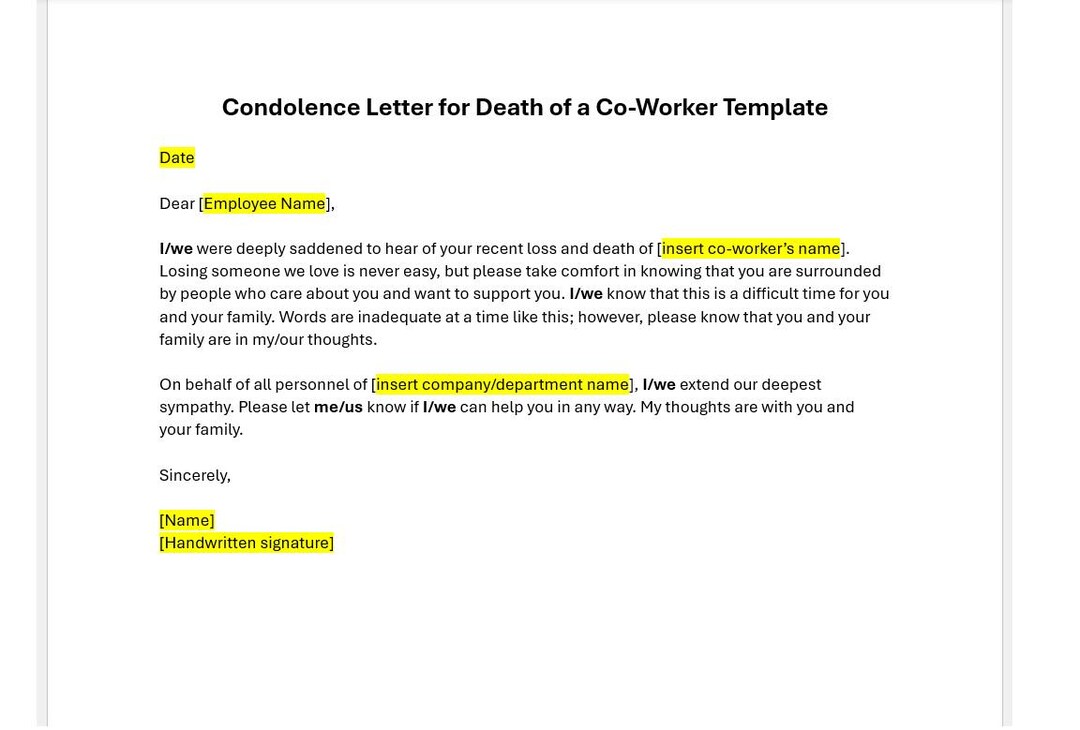 Death of a Co-worker Condolence Letter Template, Condolence Letter ...