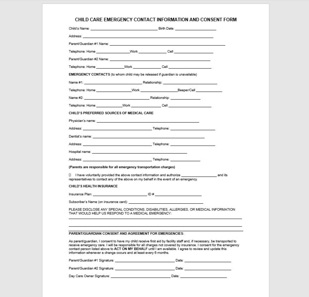 Daycare Emergency Contact Form, Daycare Emergency Contact Form Template ...