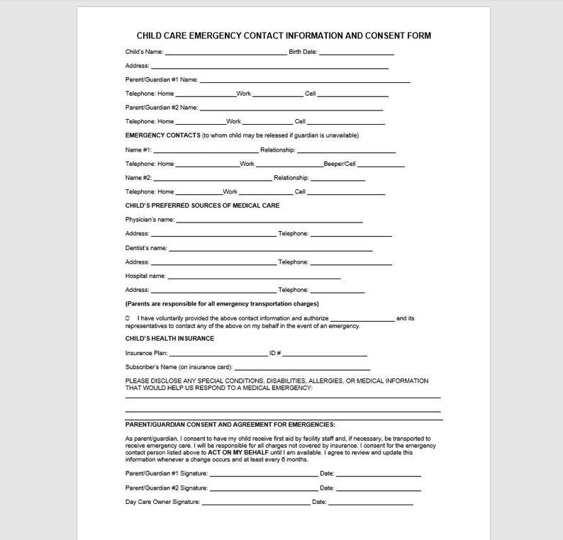 Daycare Emergency Contact Form, Daycare Emergency Contact Form Template ...