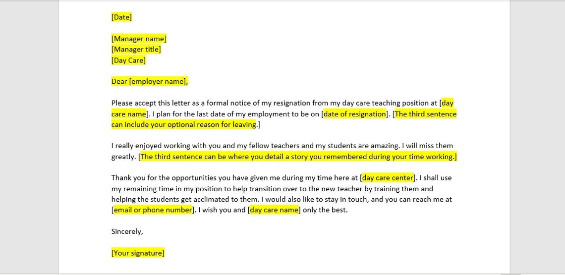 Day Care Teacher Resignation Letter Template, Resignation Letter ...