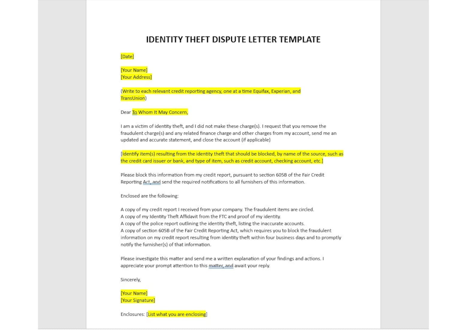 Editable Identity Theft Dispute Letter, Identity Theft Letter, Dispute ...
