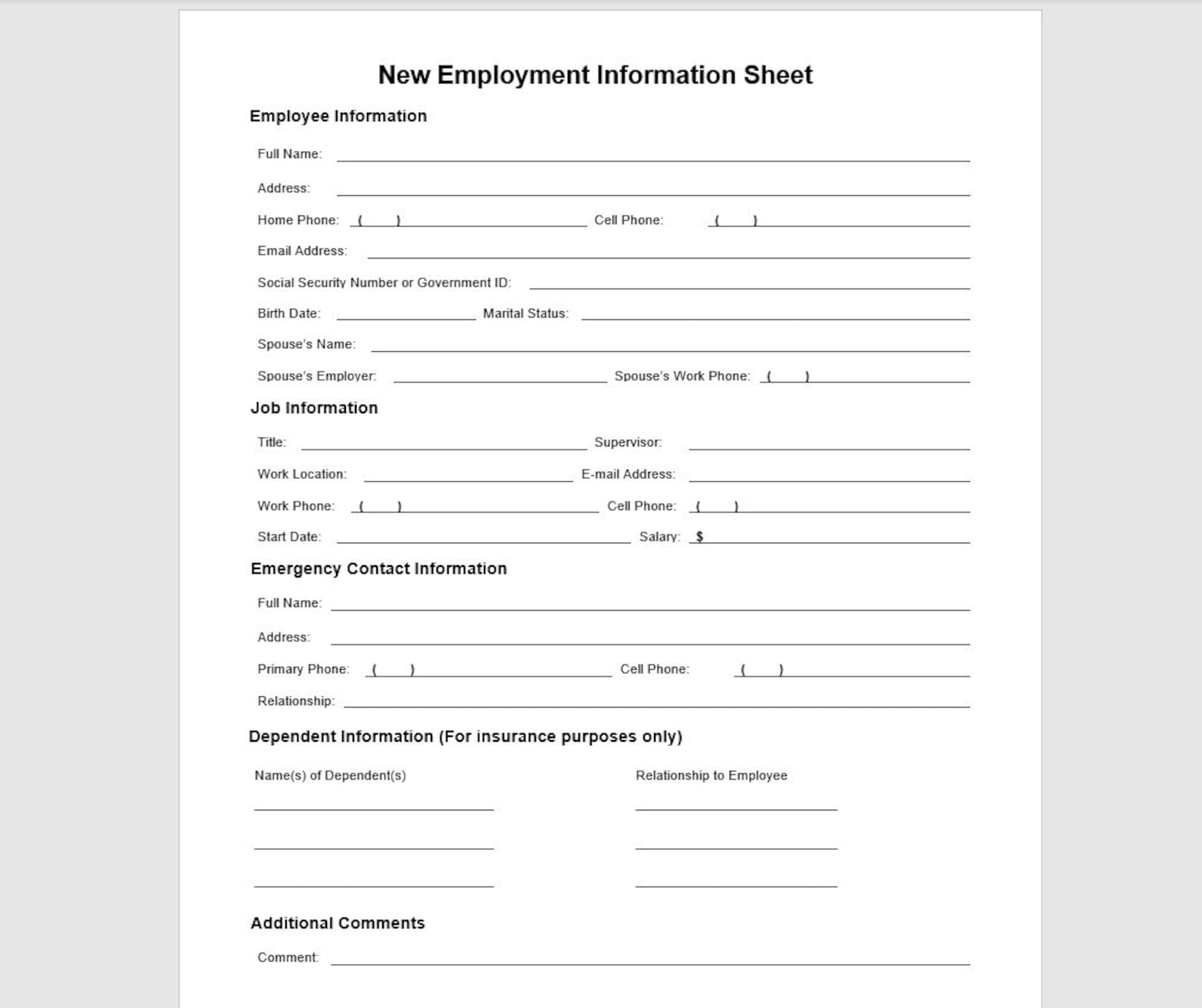 New Employment Information Sheet, Employment Information Sheet Template ...
