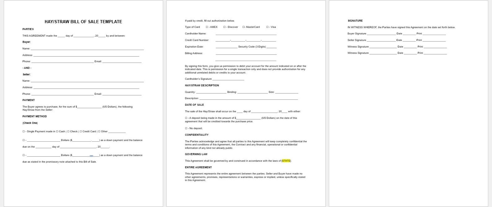 Editable Hay Bill of Sale Template, Editable Bill of Sale, Bill of Sale ...