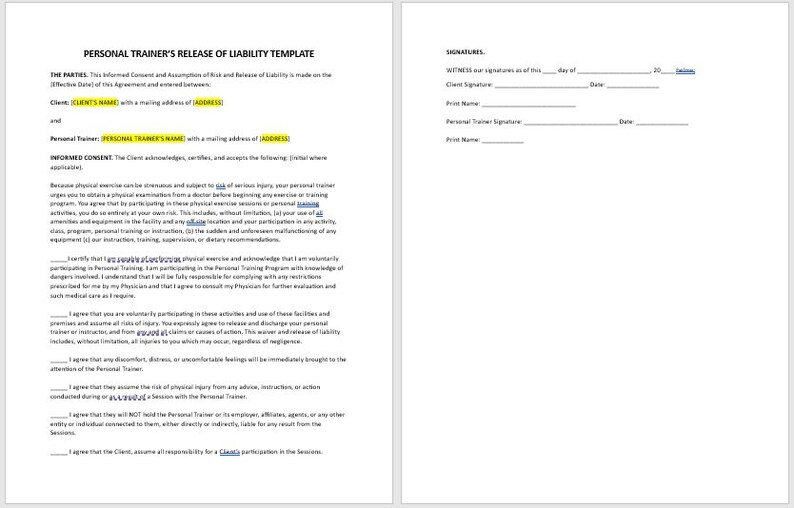 Editable Personal Trainer Release of Liability, Release of Liability ...