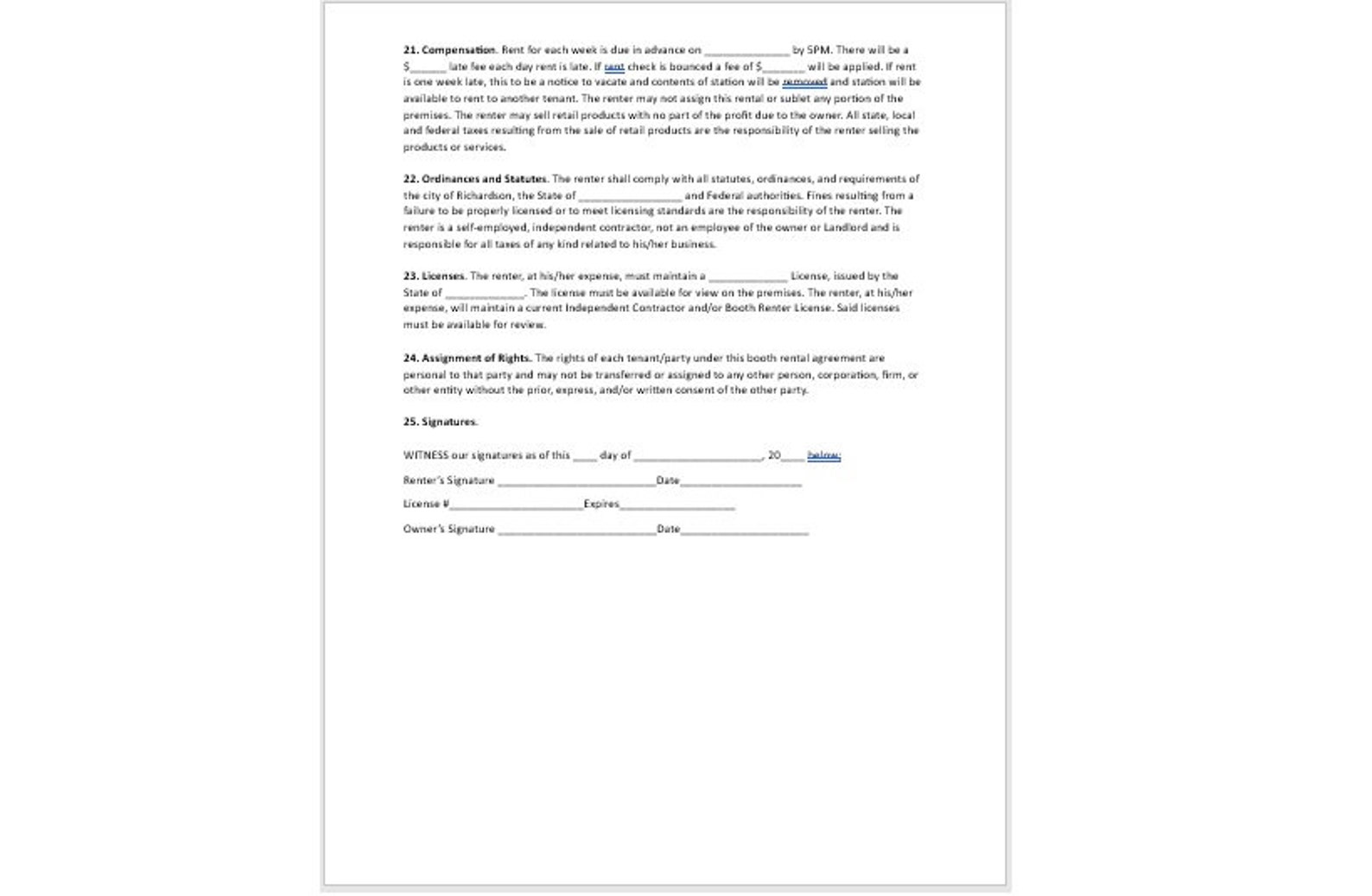 Barber Booth Rental Agreement, Barber Booth Rental Agreement Template, Rental Lease Agreement ...