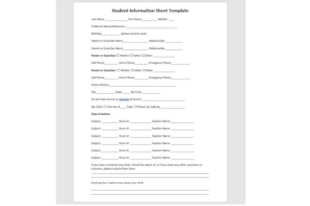 Student Information Template, Student Information Form, Classroom ...