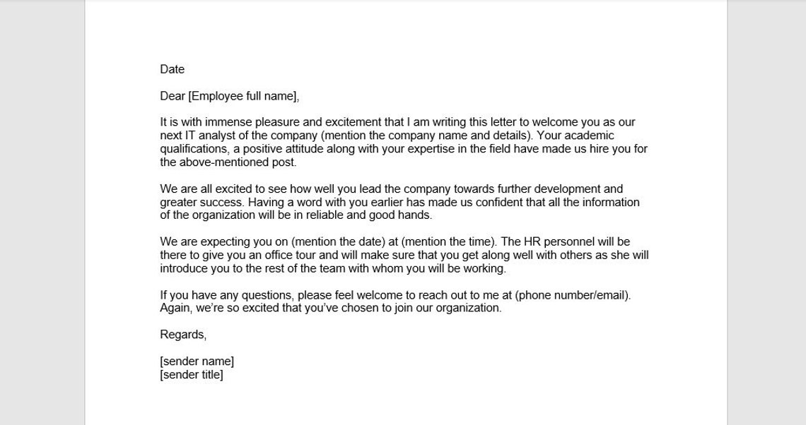 IT Analyst Welcome Letter, New Employee Welcome Letter Template, New ...