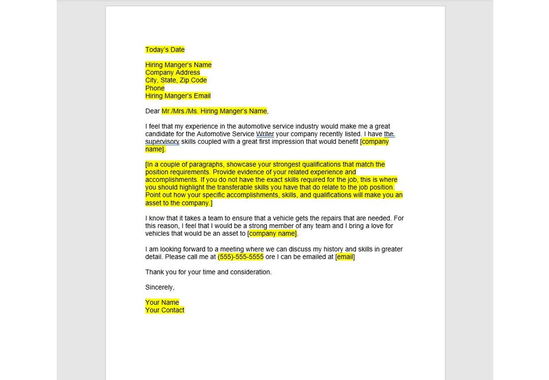 Automotive Service Writer Cover Letter Auto Service - Etsy