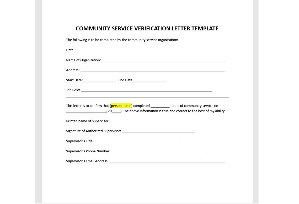 Editable Community Service Verification Letter Template, Community ...