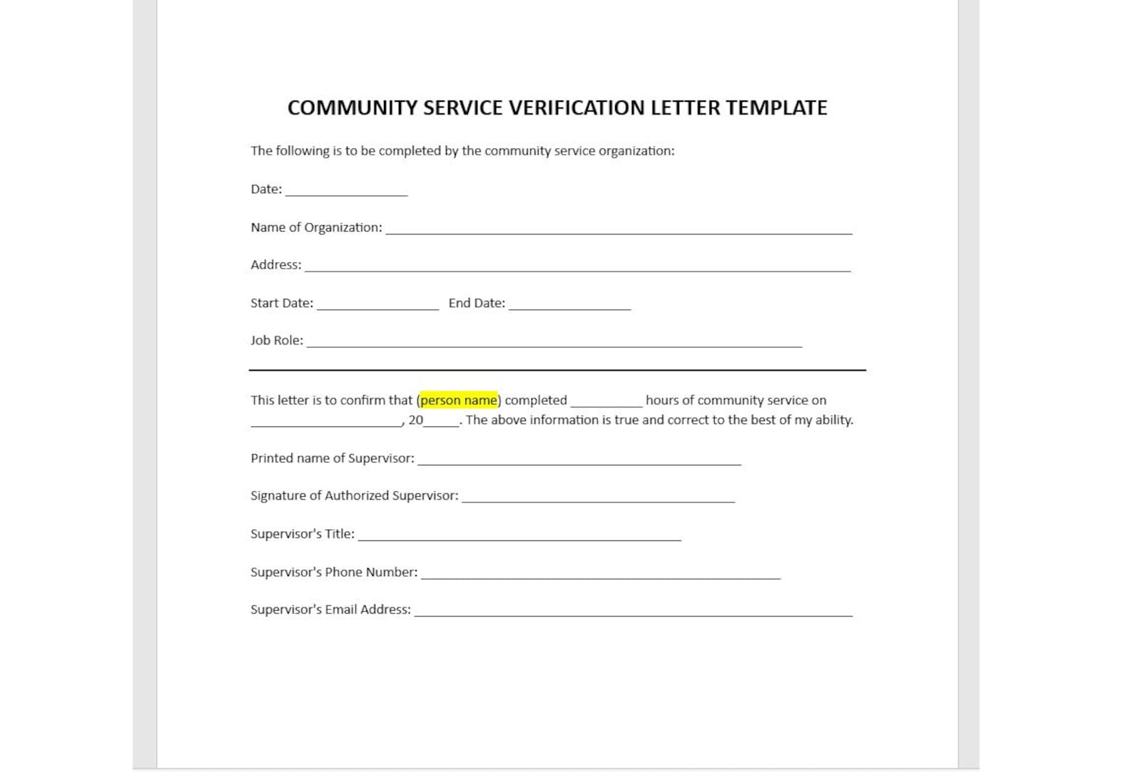 Editable Community Service Verification Letter Template, Community ...