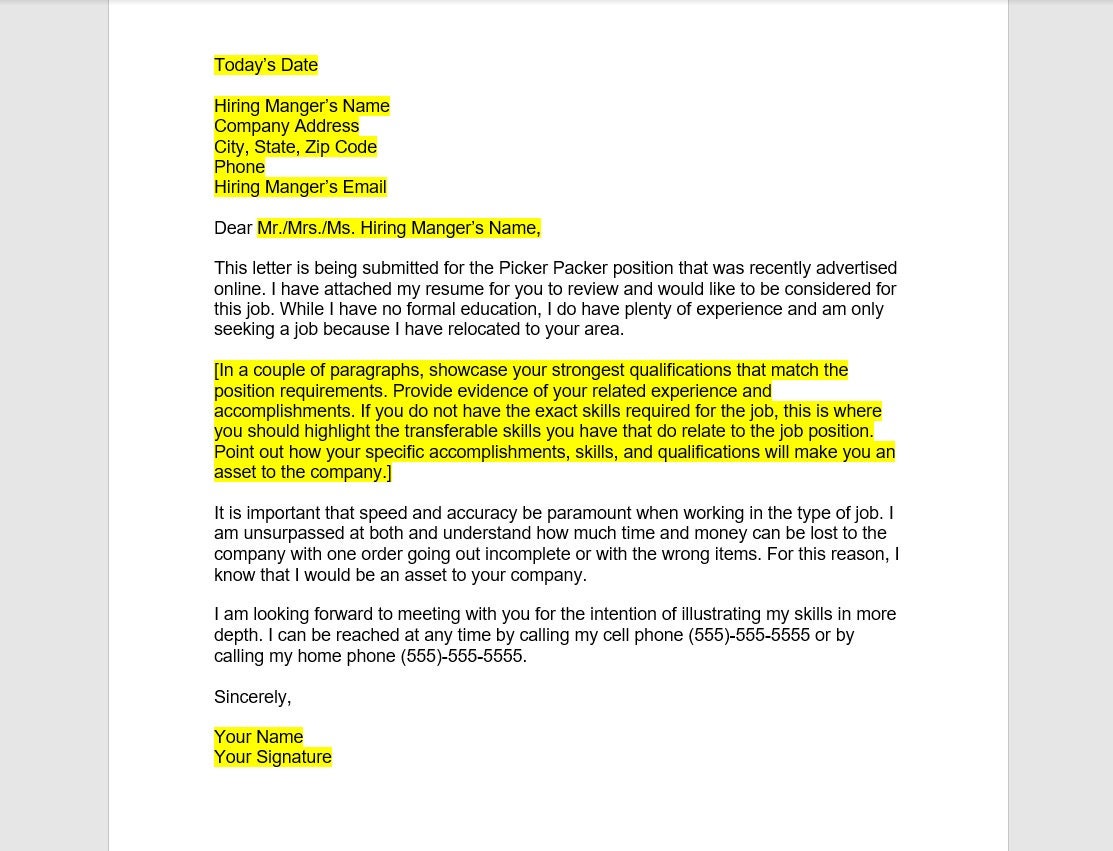 Picker Packer Cover Letter Cover Letter Template Editable - Etsy