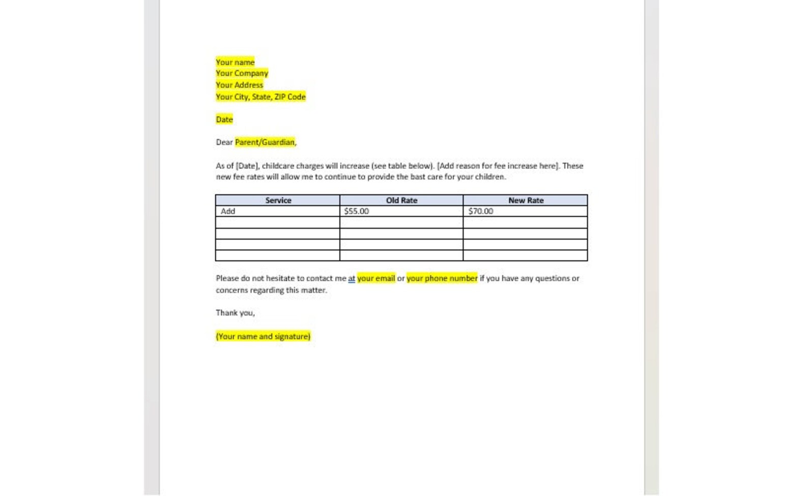 Daycare Fee Increase Letter Template, Daycare Fee Increase Letter ...