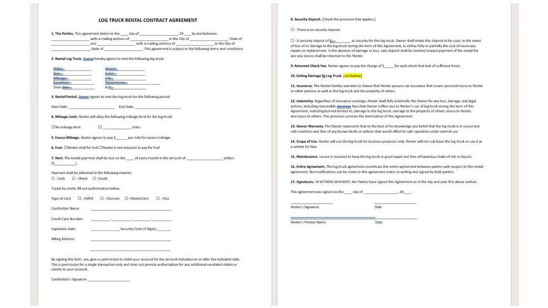 Logging Truck Rental Contract Agreement, Truck Rental Contract Template ...