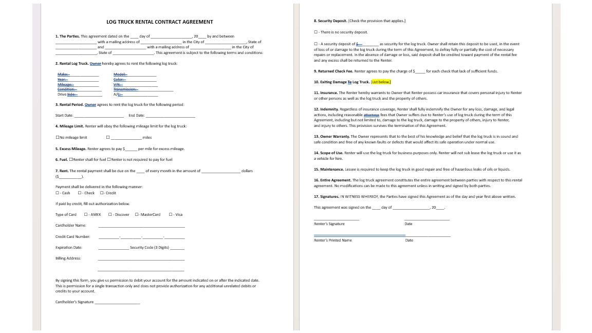 Logging Truck Rental Contract Agreement, Truck Rental Contract Template ...