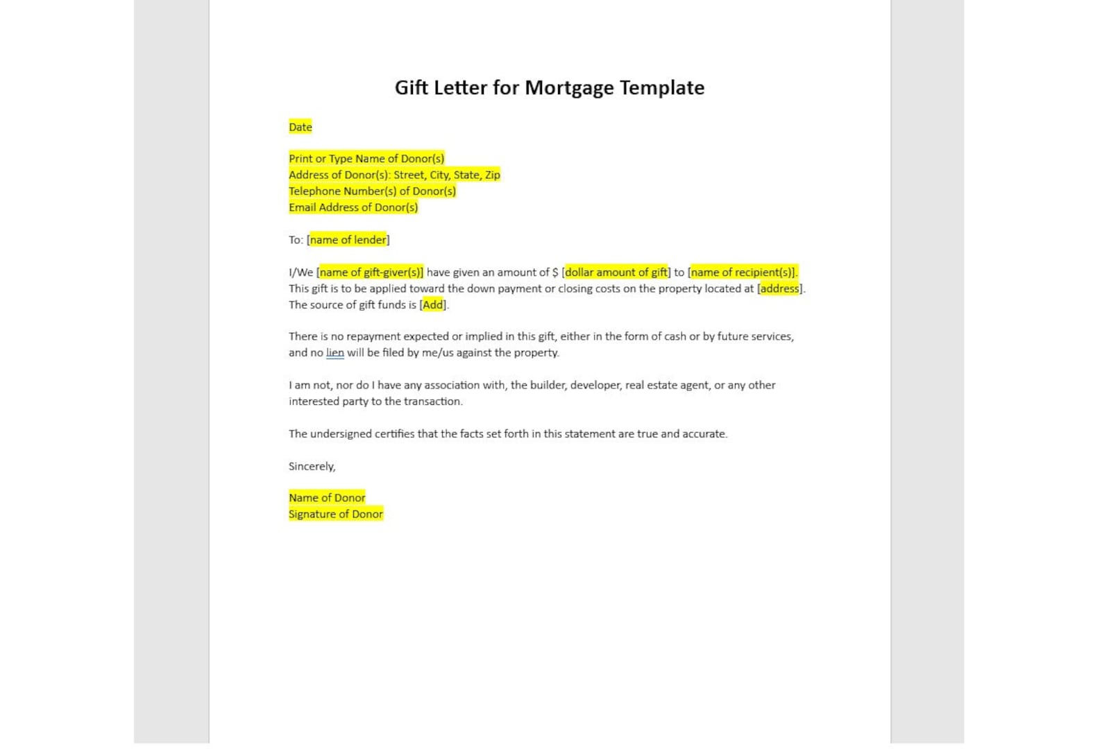 Editable Gift Letter for Mortgage Template, Editable Gift Letter ...