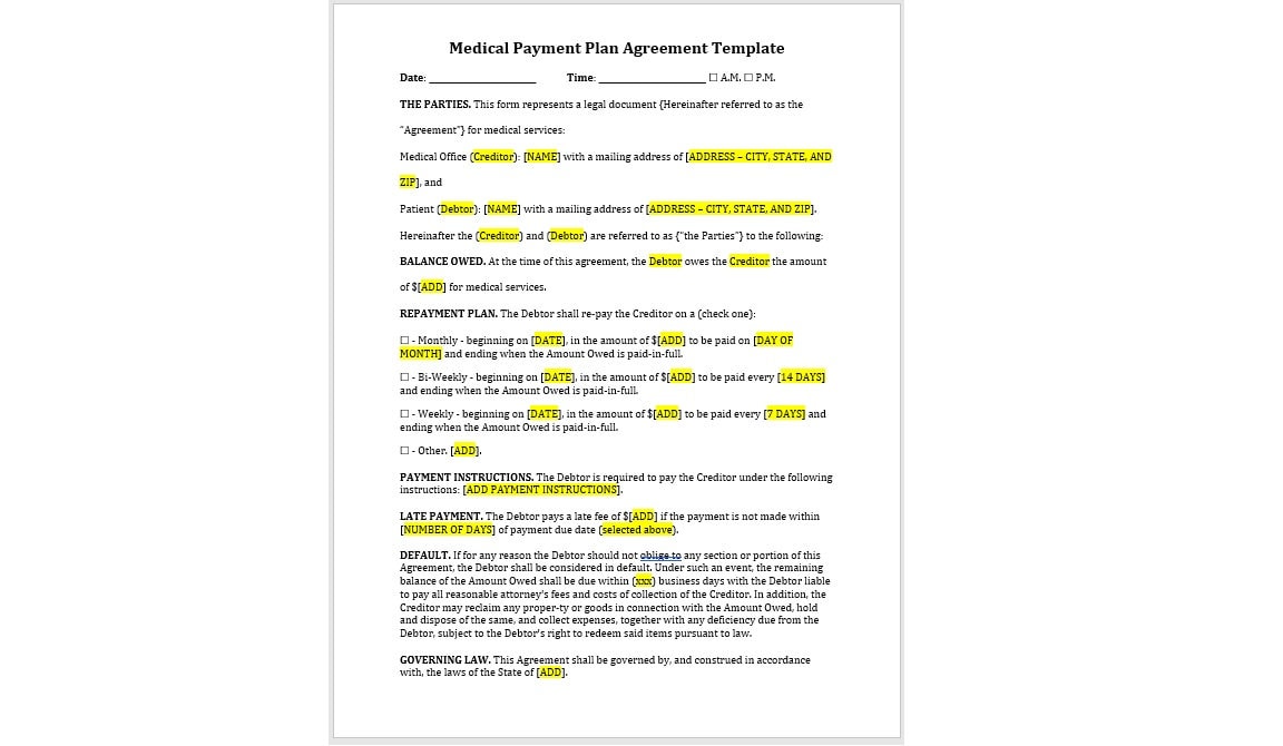 Editable Medical Service Payment Plan Template, Medical Service Payment ...
