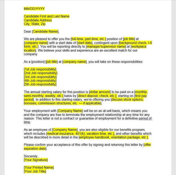 Employment Offer Letter Template Employment Offer Letter - Etsy Canada