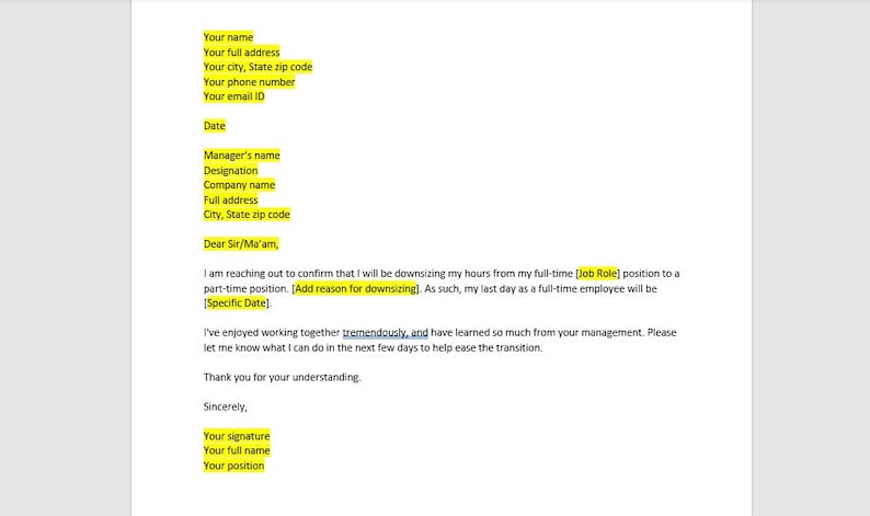 Full Time to Part Time Resignation Letter Template, Resignation Letter ...