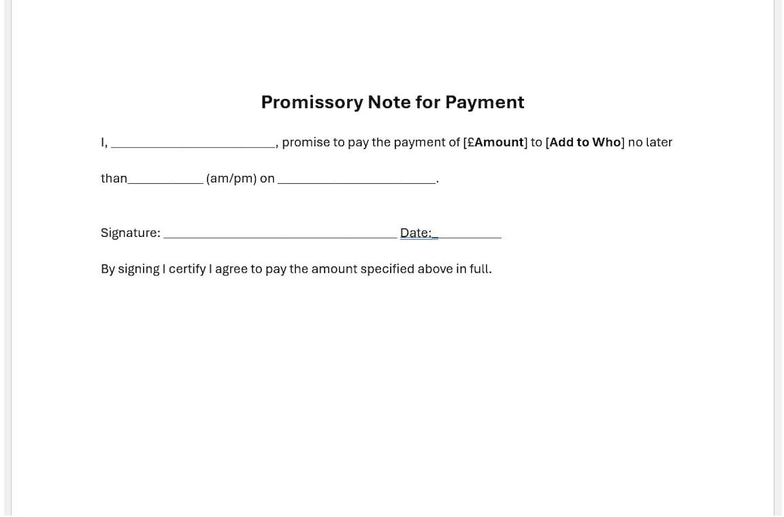 Editable Promissory Note for Payment, Promissory Note for Payment ...