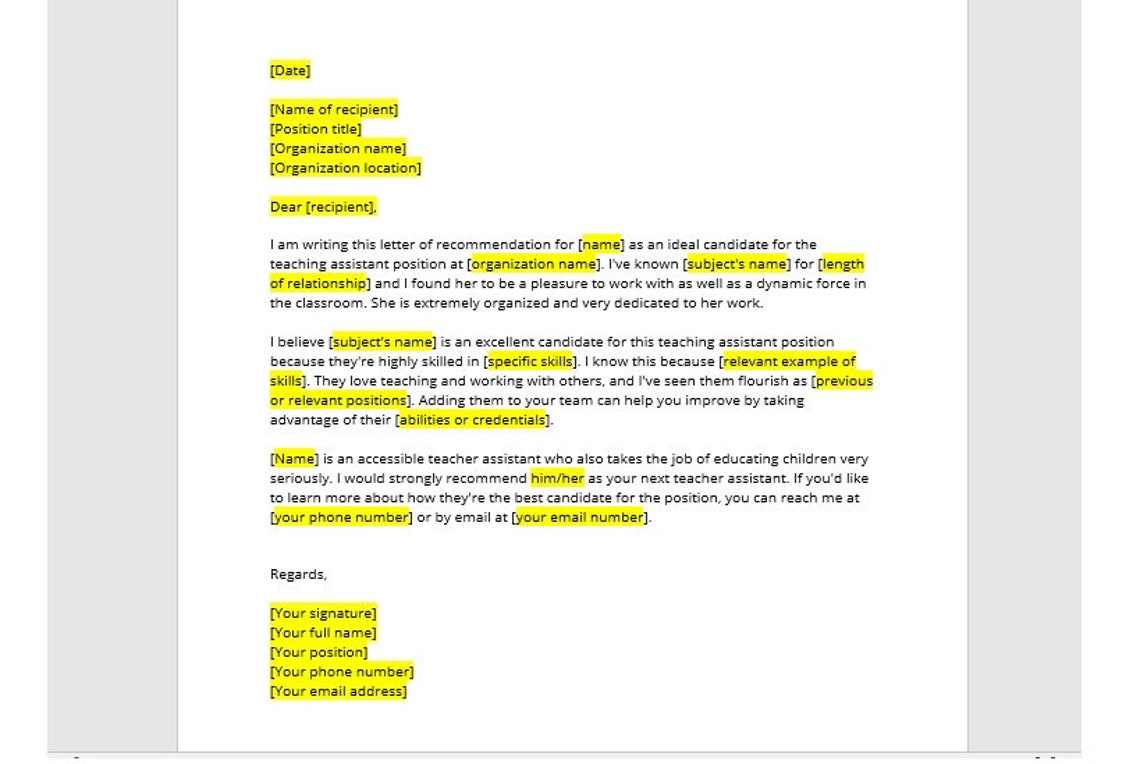 Teacher Assistant Recommendation Letter Template, Teacher Assistant ...