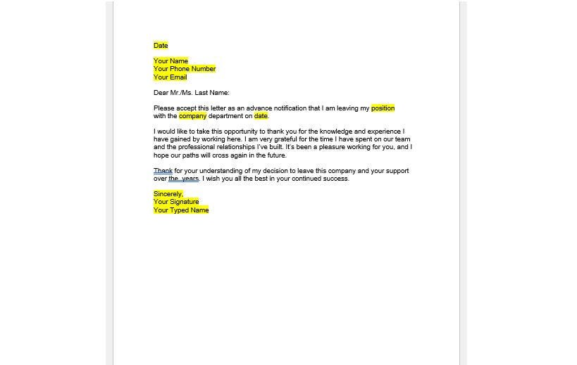 Advanced Notice Resignation Letter Template, Resignation Letter ...