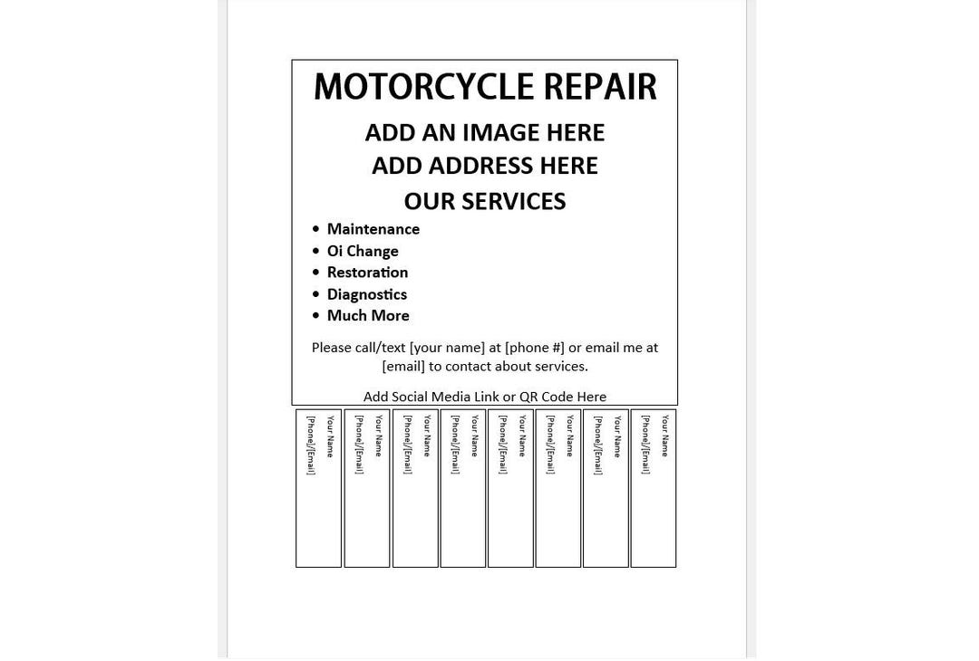 Editable Motorcycle Repair Tear-off Flyer, Repair Ad, Tear-off Flyer ...