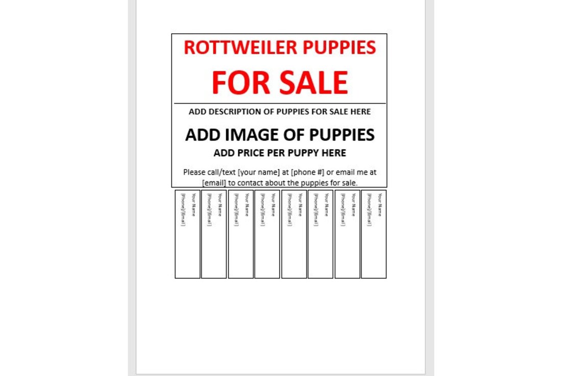 Editable Rottweiler Puppies for Sale Tear-off Flyer, Tear-off Flyer ...