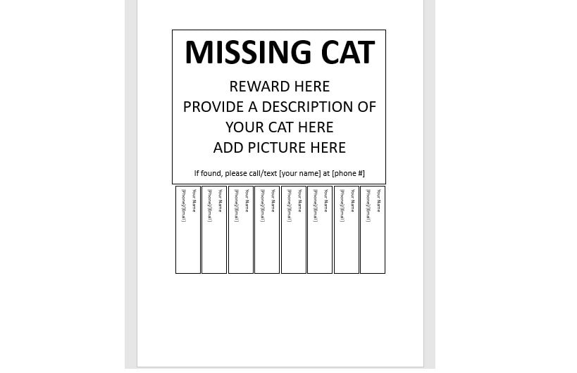 Editable Missing Cat Tear-off Flyer, Tear-off Flyer Template, Missing ...