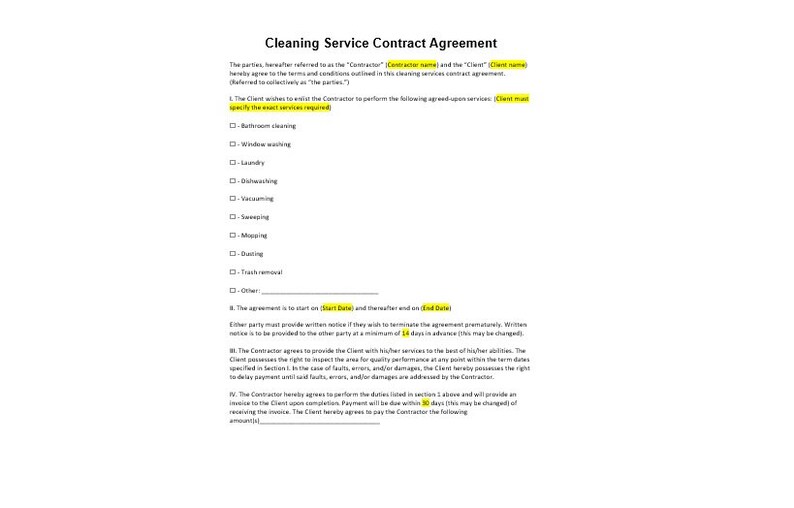 Cleaning Service Contract Agreement, Cleaning Service Contract ...