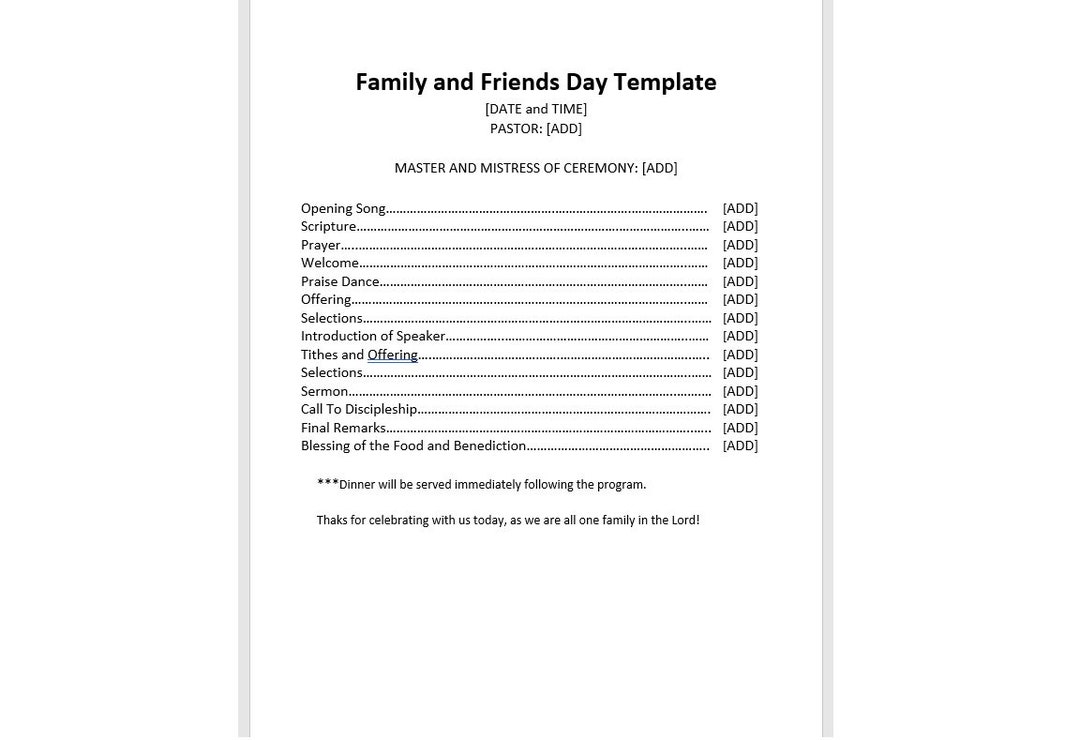 Editable Church Family and Friends Day Program Template, Church Family ...