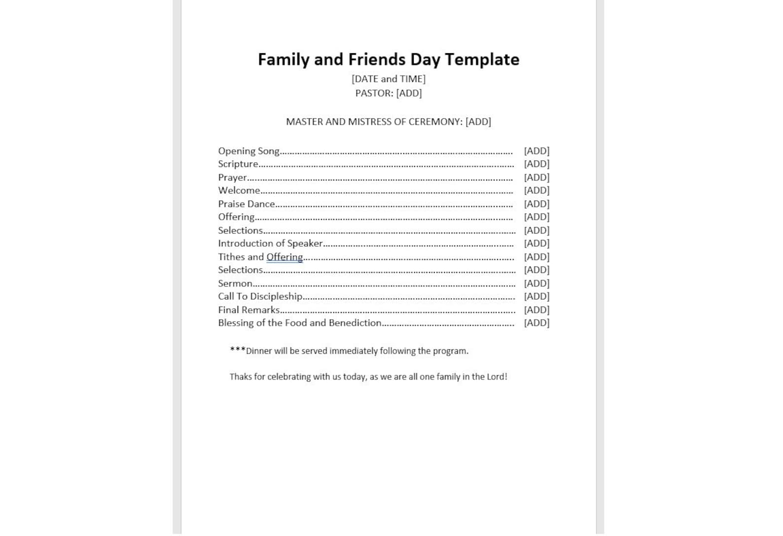 Editable Church Family and Friends Day Program Template, Church Family ...