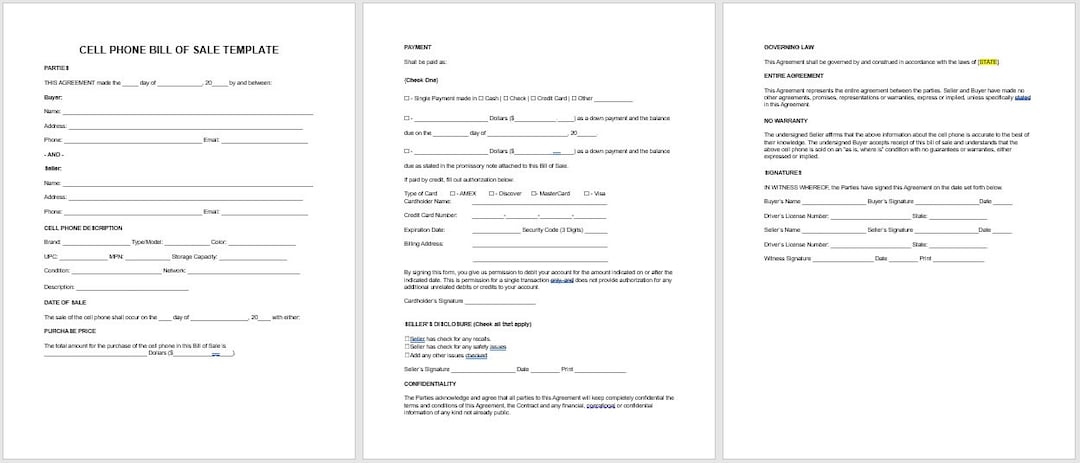 Editable Cell Phone Bill of Sale Template, Editable Bill of Sale, Bill ...