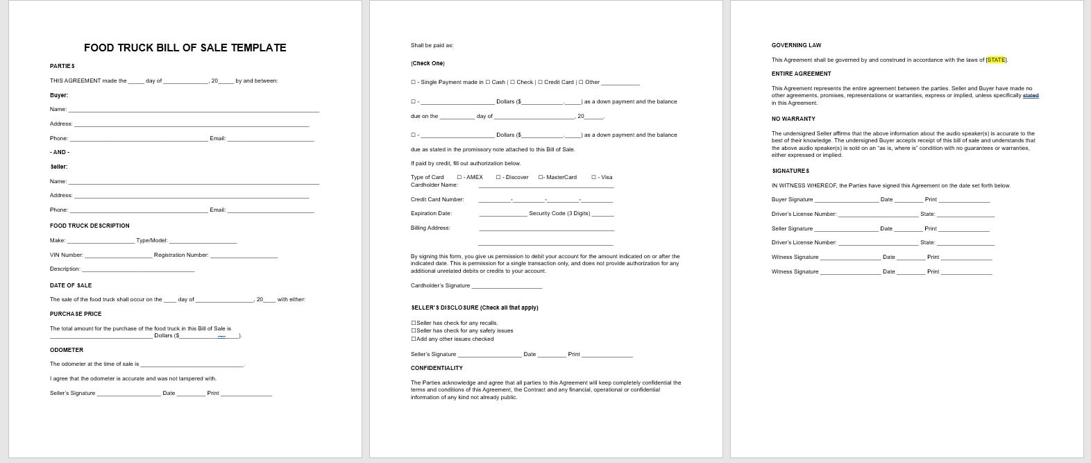 Editable Food Truck Bill of Sale Template, Editable Bill of Sale, Bill ...
