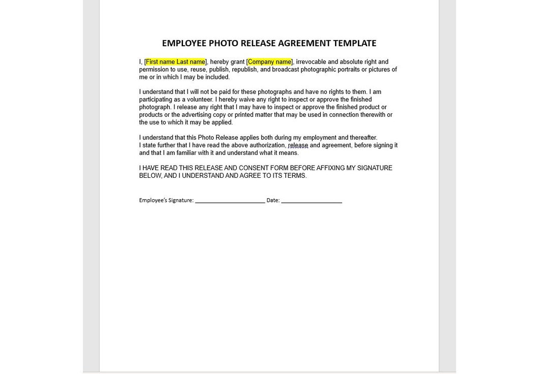 Editable Employee Photo Release Agreement Template, Equipment Agreement ...