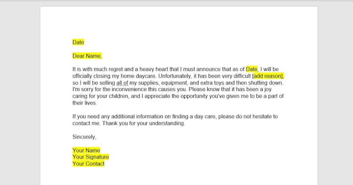Daycare Closing Letter, Daycare Closing Letter Template, Closing Letter ...