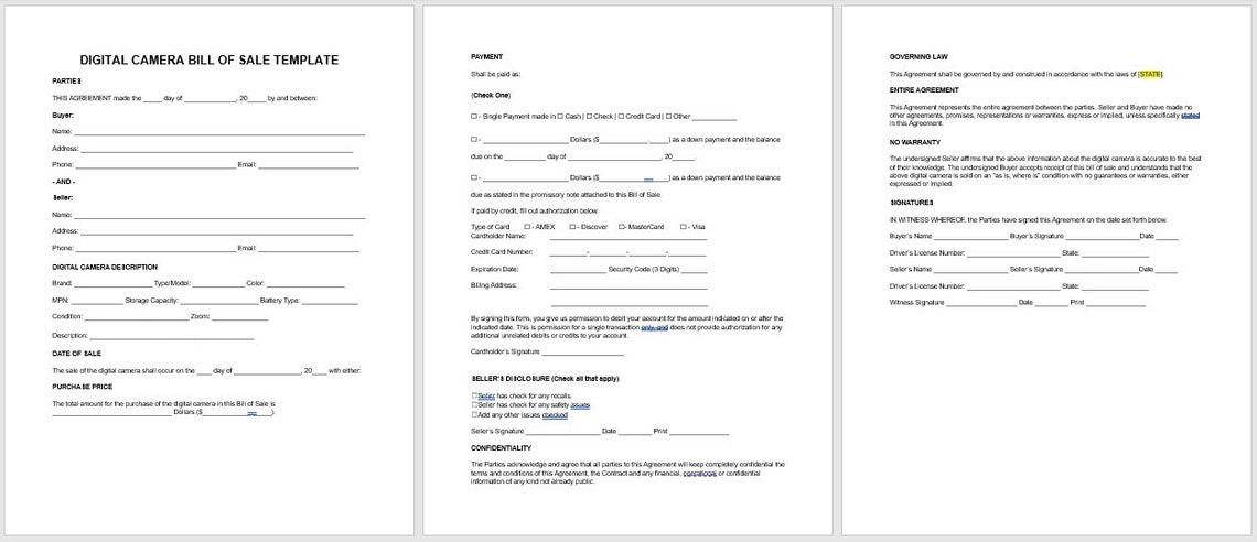 Editable Digital Camera Bill of Sale Template, Editable Bill of Sale ...