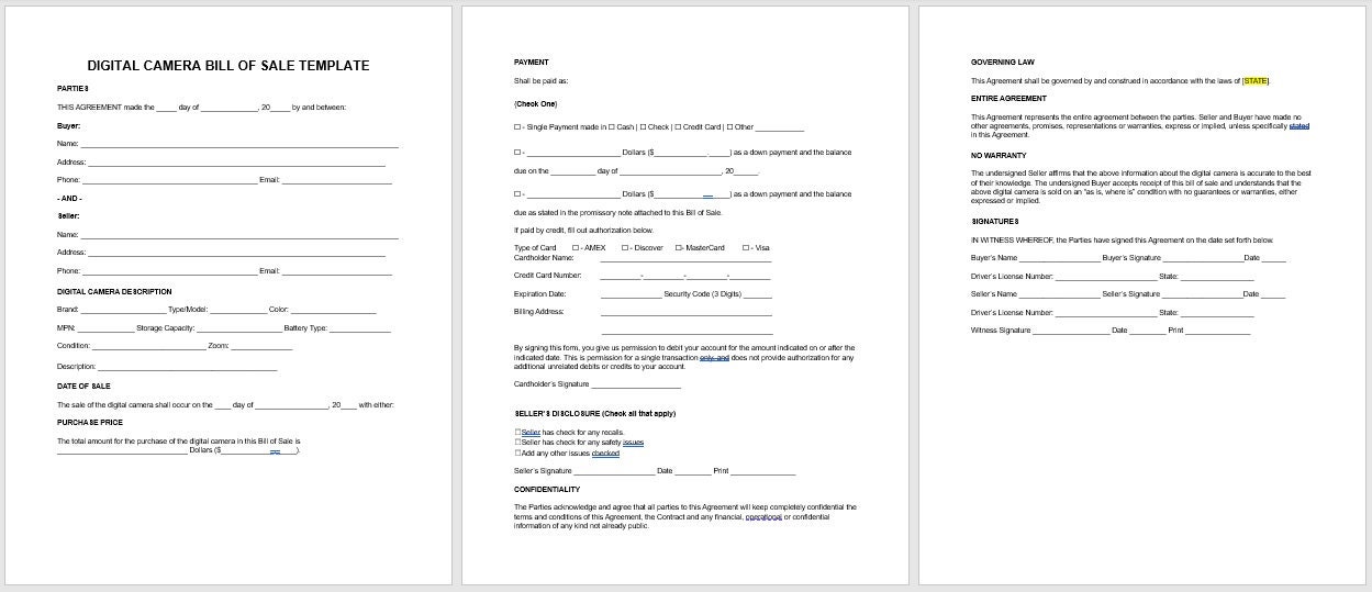 Editable Digital Camera Bill of Sale Template, Editable Bill of Sale ...