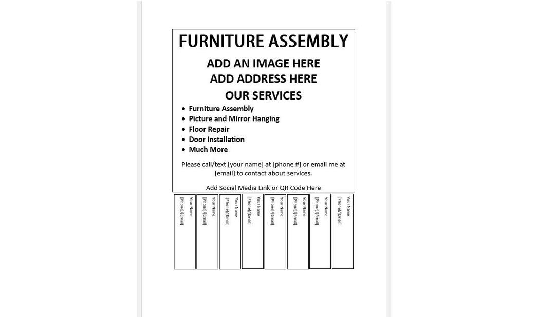 Editable Furniture Assembly Tear-off Flyer, Furniture Assembly Ad, Tear ...