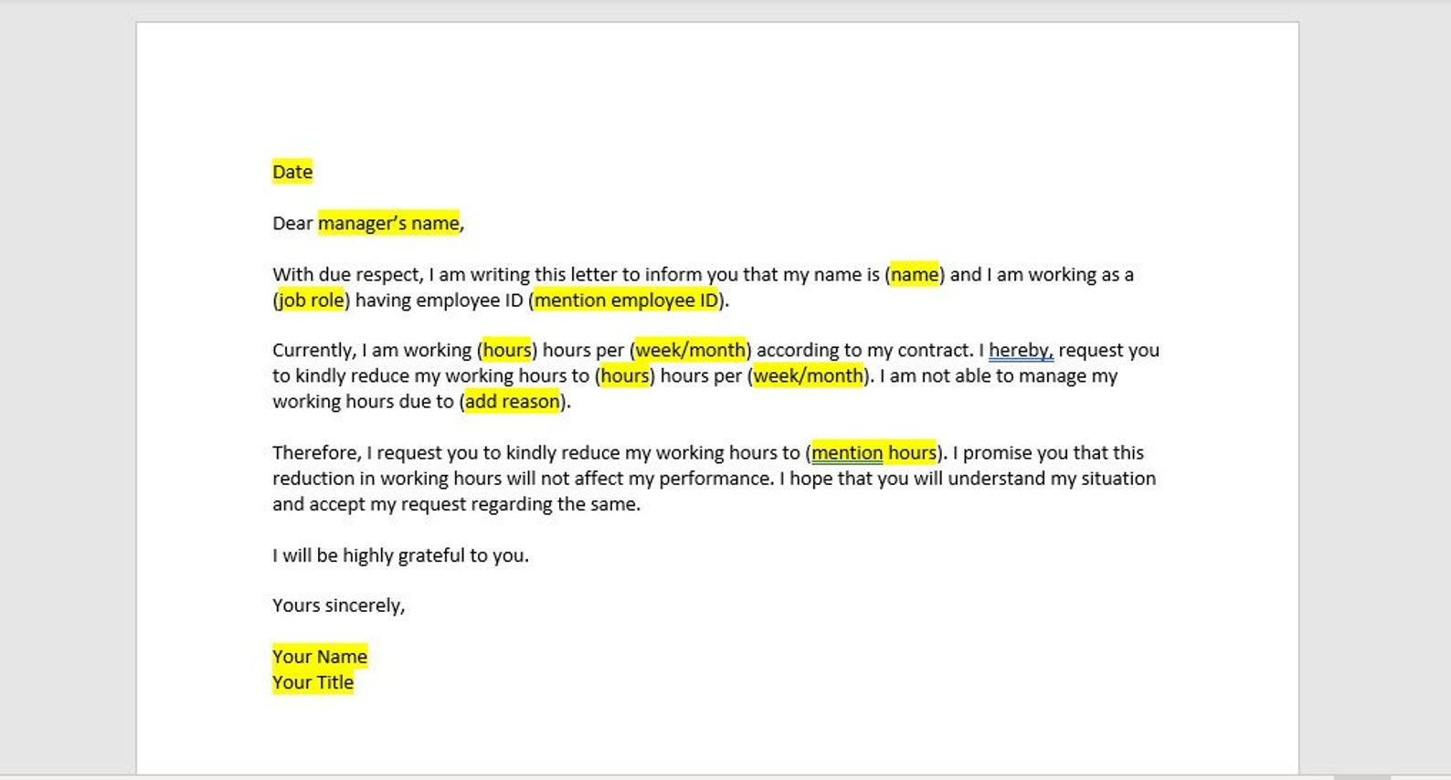 Request Letter to Reduce Hours at Work, Request Letter to Reduce Hours ...