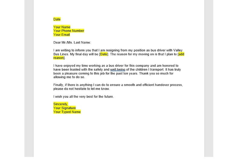 Bus Driver Resignation Letter Template, Resignation Letter, Resignation ...