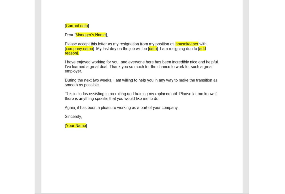 Housekeeper Resignation Letter Template, Resignation Letter ...