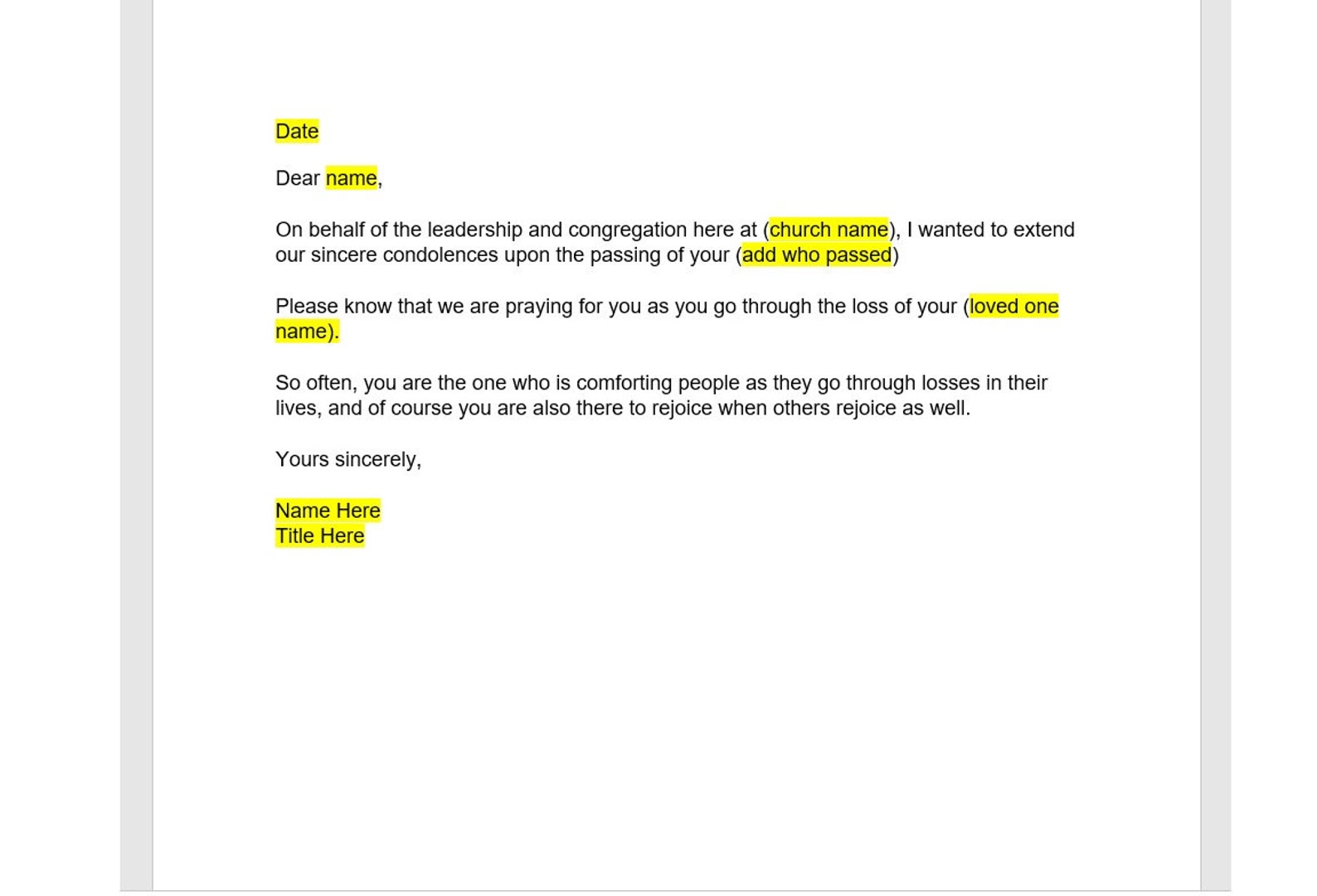 Bereavement Leave Letter to Pastor Template, Bereavement Leave Letter ...